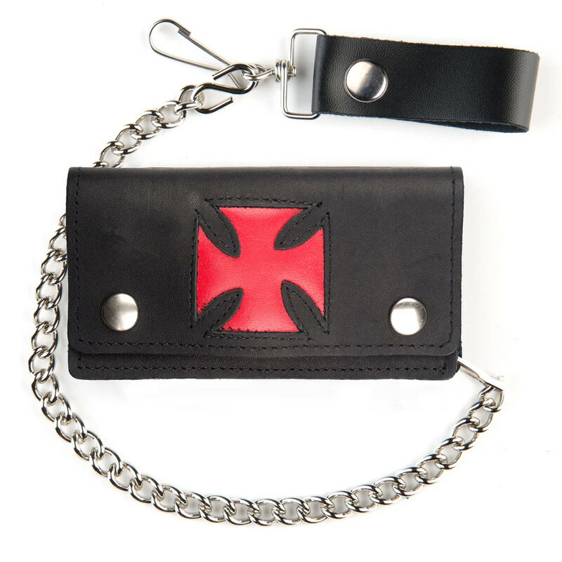MASCORRO LEATHER マスコロレザー #BO402-IC2 BIKER WALLET - RED CUT OUT IRON CROSS ウォレット チェーン BLACK/RED MADE IN USA 取り外し可能な約30cmの...