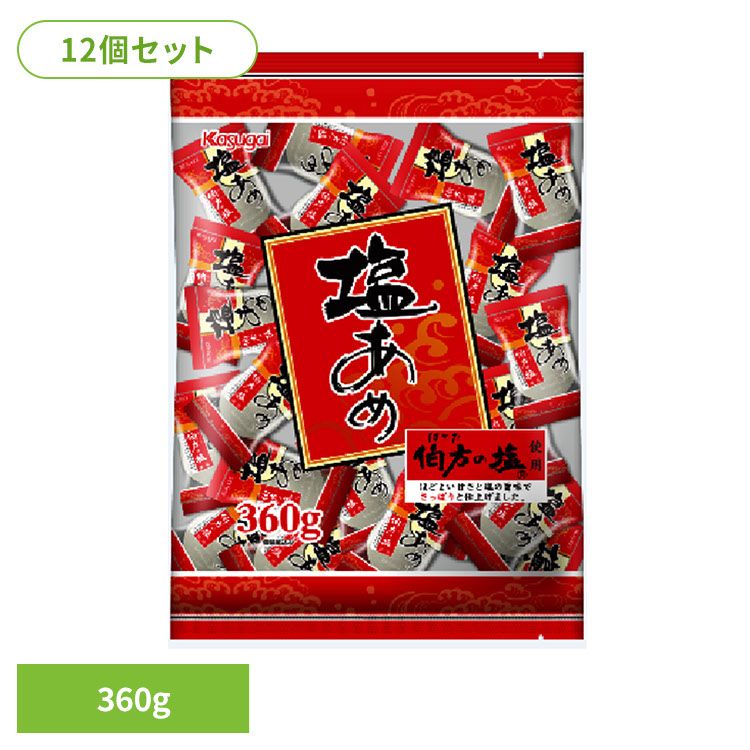 伯方の塩を使用した、ほどよい甘さと塩の旨味でさっぱりと仕上げた飴。夏場の塩分補給にも！一粒あたりの食塩相当量：94mg●商品サイズ（cm）幅約19×奥行約2.9×高さ約27●内容量360g×12個●原材料水あめ（国内製造）、砂糖、食塩（伯方...