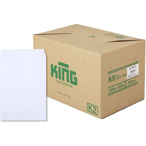 【紙質】白/【紙厚】100g/m2 【サイズ】角形2号(240mmx332mm) 【折らずに入る用紙】A4・B5/【1方向に折れば入る用紙】A3・B4 【入数】500枚 【仕様】センター貼り 郵便枠無し