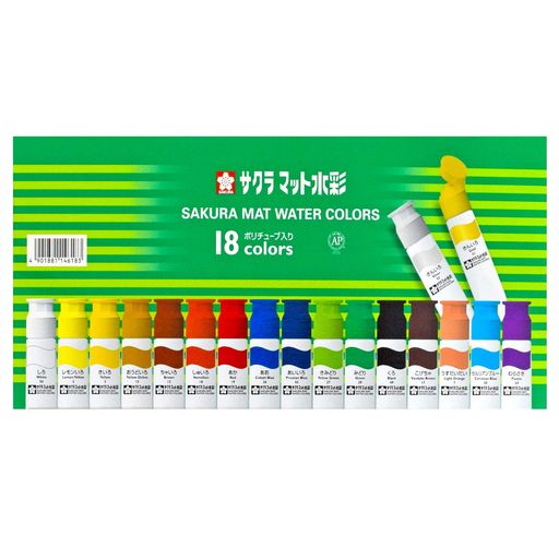 内装 【セット色】18色セット 【特長1】粒子が細かく練りが均一なのでのびがよく、混色・重色も容易で変退色もしにくい 【特長2】かんたんオープン「NEWクイックキャップ」/キャップを失くしたり間違える心配がない 【安全性】AP・CPのマーク...