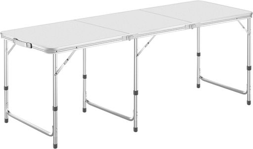【サイズ】 :使用時/約180x60x高さ55/60/65CM、収納時/約60x60x高さ9.5CM 。本体重量 : 5.9KG、耐荷重:約30KG。 【素材】材質:フレーム/アルミニウム、他、天板/メラミン加工合板(抗菌加工) 。天板の耐...