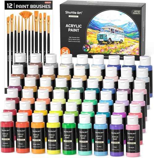 木、岩、キャンバス、プラスチック、布などに絵画や工芸。 【豊富なラインアップ】基本色x46色、メタリック色x6色、蛍光色x2色、驚くほど54色のアクリル絵の具セットです。カラーバリエーションが豊富で、別々に色を補充することなくてもより長持ち...