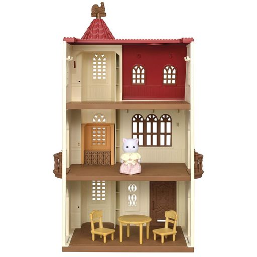 (C)EPOCH 原産国:中国 対象年齢:3才以上 エレベーターがついた、とんがり屋根の3階建てのお家です。 ペルシャネコの女の子(ホワイト)と家具がセットされていますので、このセットだけですぐに遊べます。