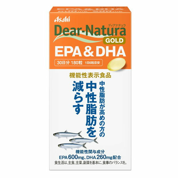 名　称アサヒ　ディアナチュラ　ゴールド　EPA&DHA内容量180粒原材料名EPA含有精製魚油（国内製造）／ゼラチン、グリセリン、酸化防止剤（ビタミンE）成分（栄養成分）1日6粒当たりエネルギー：28kcal、たんぱく質：0.93g、脂質：...