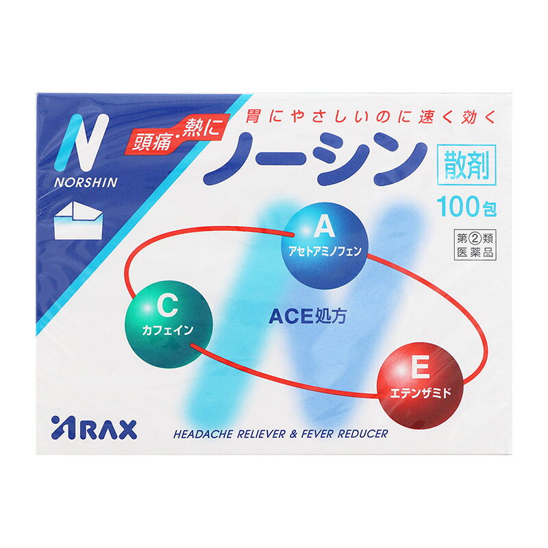 名　称ノーシン内容量100包特　徴ノーシンは、ACE処方の3つの有効成分（アセトアミノフェン、エテンザミド、カフェイン水和物）が協力的に作用して、頭痛などの痛みや熱によく効きます。胃にやさしいのに速く効き、眠くなる成分や習慣性のある成分は含...
