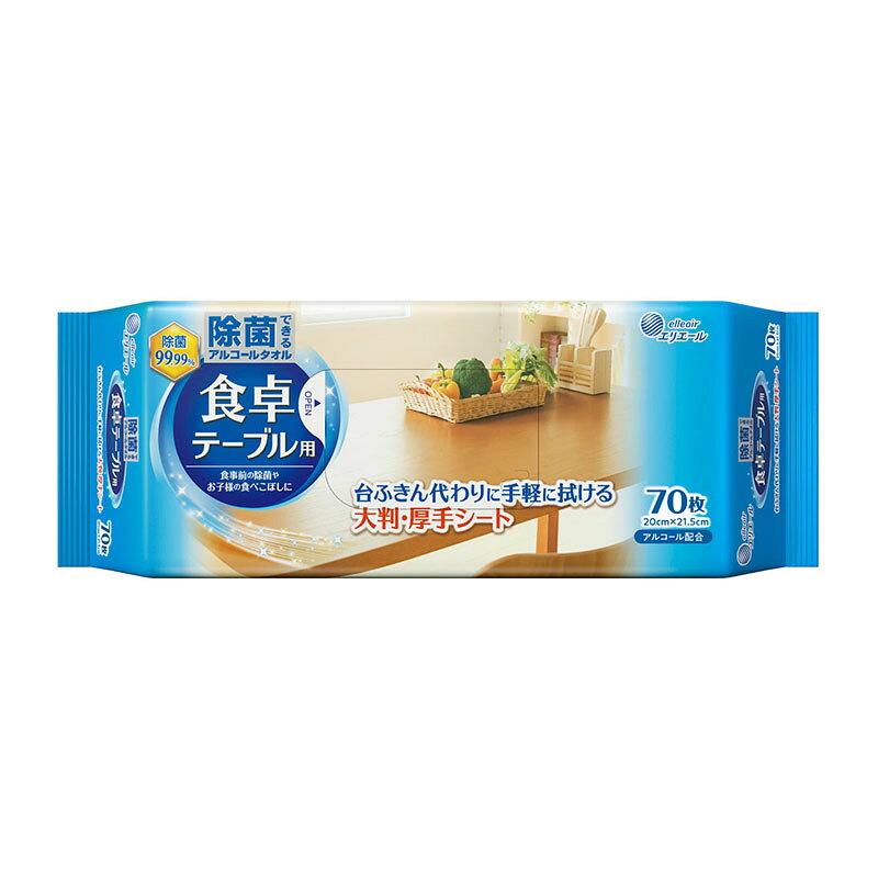名　称エリエール 除菌できるアルコールタオル 食卓テーブル用内容量70枚原材料名基布素材：レーヨン、PET、PE、PP成分（栄養成分）水、エタノール、PG、ポリオキシエチレンアルキルアミン、塩化ベンザルコニウム、アロエエキスご注意【使用上の...