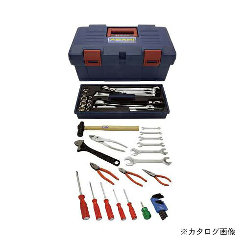 【メーカー】 ●旭金属工業（株） 【特長】 ●主に産業機械の組立、整備等に使用される工具セットです。 ●お手頃な価格で種類も豊富に取り揃えているツールセットです。 【用途】 ●産業機械の組立．整備等に。 【仕様】 ●ケース色:青 ●ケース寸...