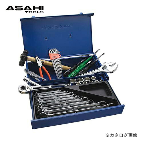 【メーカー】 ●旭金属工業（株） 【仕様】 ●JIS表示認定工場製 ●ケース寸法(mm)間口×奥行×高さ:395×230×120 ●セット内容(点):36 ●質量(kg):9 【関連商品】 旭金属工業 アサヒ ASAHI 丸形両口スパナ強力...