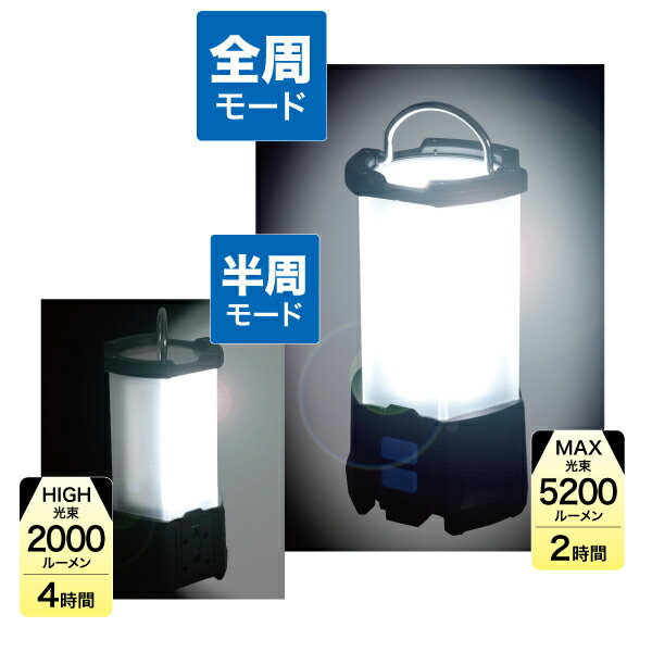 【メーカー】 ●ジェフコム(株) 【特長】 ●全周モード(4種類)、半周モード(3種類)の計7種類の明るさ ●大型照明で屋外仕様(IP64) ●充電式で最大5200ルーメンの明るさ ●持ち運びやすい取っ手と吊り下げ用 ●フックがあり多彩な使...