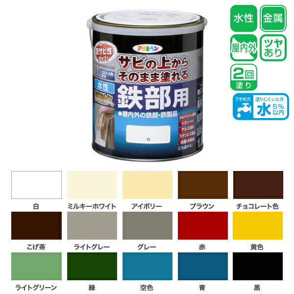 【メーカー】 ●(株)アサヒペン 【特長】 ●サビの上からそのまま塗れる！ ●水性で塗りやすい低臭タイプの鉄部用塗料です。 ●特殊強力サビドメ剤の効果でサビの上から直接塗れます。 (ポロポロと取れるようなサビは取り除く必要があります。) ●...