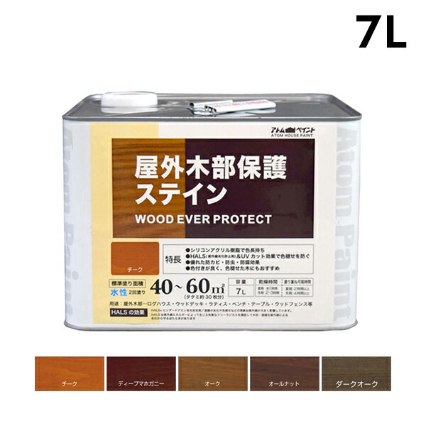 【メーカー】 ●アトムサポート(株) 【特長】 ●水性・超耐久 発色にもこだわった屋外木部保護塗料です。 ●シリコンアクリル樹脂にHALS(紫外線劣化防止剤)とUV吸収剤を配合し、木部の長期間色あせ防止と耐久性を向上させました。 ●防虫防腐...