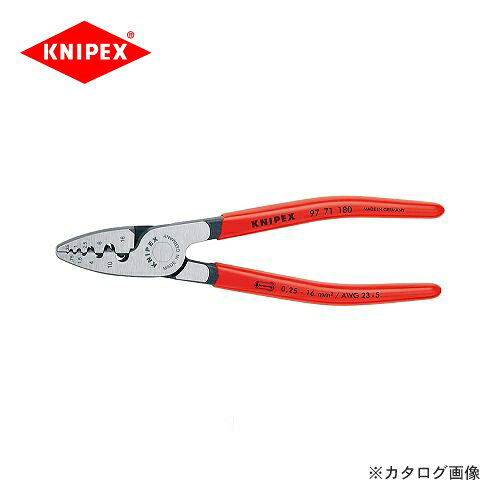 【メーカー】 ●KNIPEX社 【仕様】 ●ヘッド：磨き ●ハンドル：プラスチックコーティング ●対応端子：エンドスリーブ ●能力：0.25-16.0mm2、AWG23-5 ●重量：265g 【関連商品】 クニペックス KNIPEX 97エ...
