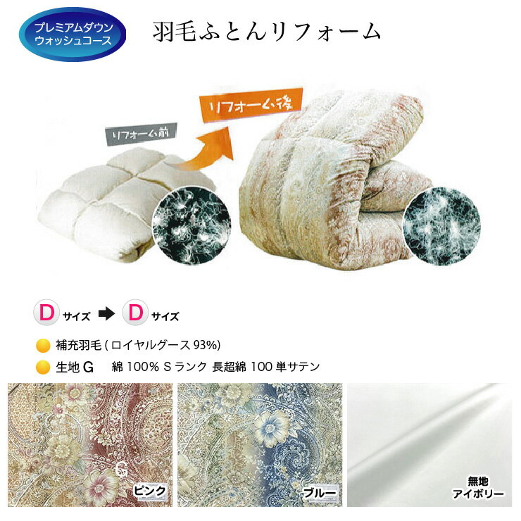 ーーーーーーーーーーーーーー ■シングルロングサイズ（150×210cm） ■プレミアムダウンウォッシュコース 完全洗浄＋羽毛の補充＋側生地 ■補充羽毛：ロイヤルグース93％ ■側生地【G】：綿100％ 超長綿 Sランク 100単サテン ー...