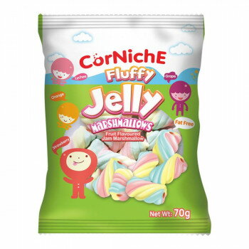 カラフルなマシュマロストロベリー、グレープ、ライチ、オレンジのミックスフレーバーのジェリーを閉じ込めた、カラフルなふわふわのツイスターマシュマロ。内容量70gサイズ幅145×奥行20×高さ200mm個装サイズ：30.3×45.5×24.5c...