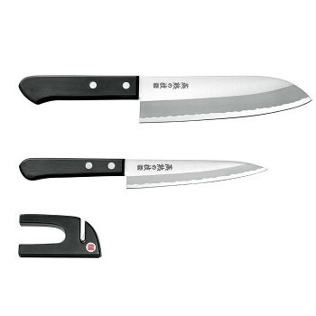 燕の職人の技が光る包丁＆砥ぎ器セット!!毎日の調理に欠かせない三徳包丁・ペティナイフ・ミニ砥ぎ器をセットにした、実用性抜群の3点セットです。サイズ三徳包丁:全長約280mm(刃渡り:約165mm)、ペティナイフ:全長約240mm(刃渡り:約...