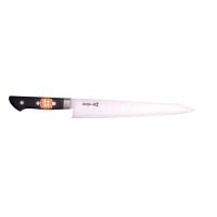 日本鋼を使用した牛刀(サビやすい)。切れ味が長続きします。研ぎ直しし易くコストパフォーマンスに優れています。切れ味優先の方におすすめ。サイズ刃渡り24cm個装サイズ：6×38.5×2.5cm素材・材質日本鋼製造国日本日本鋼を使用した牛刀(サ...