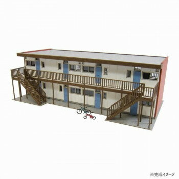 おすすめよくありそうな一般的な「アパート」のキットです。8世帯が入居できる2階建てのアパートメントです。両側の階段がいいアクセントになっています。裏側のベランダの手摺格子もシャープでいい感じです。おまけで自転車2個付きです。※みにちゅあーと...