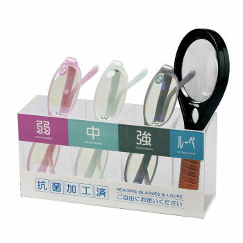 光触媒カウンター老眼鏡セット！老眼鏡のフレームとルーペの柄に光触媒(抗菌)加工を施しています。商品区分管理医療機器医療機器認証番号:18B3X00004AT0028サイズ本体:W195×D55×H95mm、老眼鏡:55□15-144個装サイ...