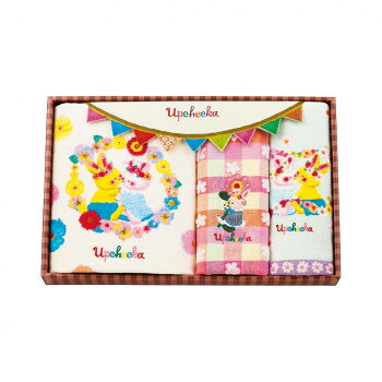 素敵なイラストにみんなも思わず笑顔!!Upcheeka(アプチェカ)は、Up(上がる)cheek(チーク、ほっぺ)a(1つ)=にっこりひとつ、という意味の造語。こっそり耳をすますと、かわいい秘密のおしゃべりがきこえてきそうな動物たちのタオル...