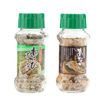 風味ゆたかなふりかけあたたかいご飯におむすび、お弁当にふりかけて、お召し上がりください。【わさびふりかけ】わさびの辛さをいかした、カルシウム豊富なわさびふりかけです。乾燥わさび茎を使用し、鰹・胡麻・海苔で風味を高めています。【あなごふりかけ...