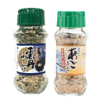 風味ゆたかなふりかけあたたかいご飯におむすび、お弁当にふりかけて、お召し上がりください。【雲丹ふりかけ】オレンジ色を基調とした色合いで、うにのイメージ及び風味を生かしたふりかけです。ごま・のり・鰹で風味を高めています。【あごふりかけ】国産の...