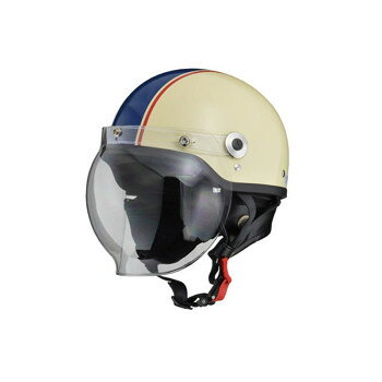 ハーフヘルメットに開閉式バブルシールドを装備したモデル。脱着式イヤーカバーや便利なワンタッチバックルを装備。サイズフリー(57〜60cm未満)個装サイズ：24×33×25cm重量約900g個装重量：1300g素材・材質帽体:ABSシールド:...