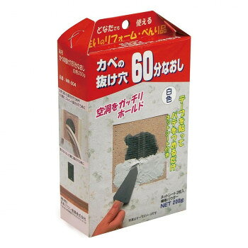 壁の抜け穴を補修!石膏ボード、漆喰、繊維、土、モルタル等屋内壁にエアコンホースや増改築時にできた穴を強力に補強します。硬化時間は約60分です。屋内カベのカドの欠け落ちにも使えます。内容量200gサイズ個装サイズ：5×9×17cm重量255g...