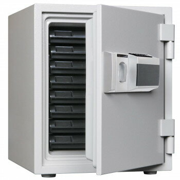 プッシュボタン式耐火金庫!カギの持ち歩きを不要とした(キーレス)電子ロック錠です。暗証番号は、4桁〜16桁までの登録ができます。※上1段のトレイのレールは固定。下7段のレールは取り外し可能です。【耐火金庫の有効耐用年数は製造後20年】半永久...