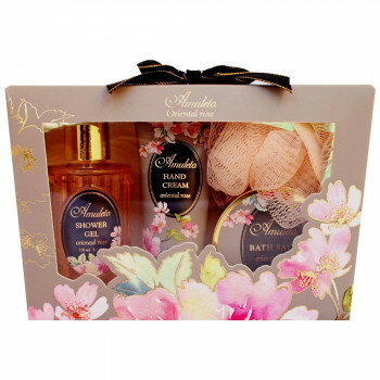 お洒落なボディケアギフト。シャワージェル、ハンドクリーム、バスソルト、ボディスポンジがセットになった、大容量でお得なボディケアギフト。華やかなオリエンタルローズの香り。【使用上の注意】●ハンドクリーム食べ物ではありません。お肌に異常が生じて...