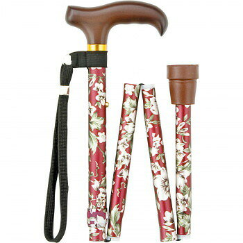 お洒落な花柄デザインの折りたたみステッキ!収納袋付きです。折りたたみタイプで持ち運びに便利です。サイズ75〜85cm(伸縮5段階調節2.5cm間隔)※折りたたみ時約28.5cm個装サイズ：35×33×30cm重量約310g個装重量：7600...