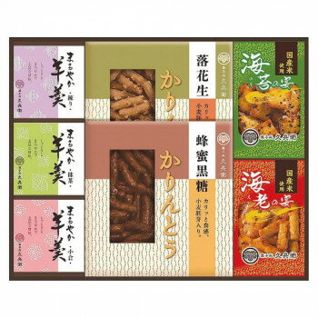 詰合わせセット昔ながらの素朴な味のかりんとう、夏でも冬でも楽しめるまろやか羊かんと、国産米だけで作った、2種類のあられを詰め合わせました。内容量かりんとう(蜂蜜黒糖・落花生):40gあられ(海老・海苔):12g羊かん(抹茶・練り・小倉):6...