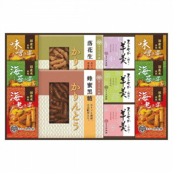 詰合わせセット昔ながらの素朴な味のかりんとう、夏でも冬でも楽しめるまろやか羊かんと、国産米だけで作った、3種類のあられを詰め合わせました。内容量かりんとう(蜂蜜黒糖・落花生):40g、あられ(海老・海苔・味噌):12g、羊かん(抹茶・練り・...