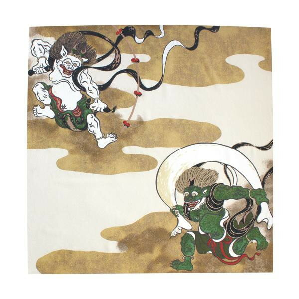 俵谷宗達の風神雷神の屏風絵をモチーフにしたふろしき!風呂敷としてはもちろんのこと、タペストリーとしてもお使いいただけます。サイズ約68cm個装サイズ：2.8×22.1×14.8cm重量個装重量：110g素材・材質レーヨン100％仕様縫製:四...