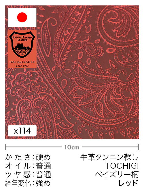 ペイズリーの柄を施した革です。凸部にスクラッチ加工を施して凹部との濃淡を際立たせています。部位により柄や風合いが異なる一点物の素材。ブランド｜栃木レザー形状　　｜切り革（四角形の30cm幅）種類　　｜牛革 / 植物タンニン鞣し / ペイズリ...