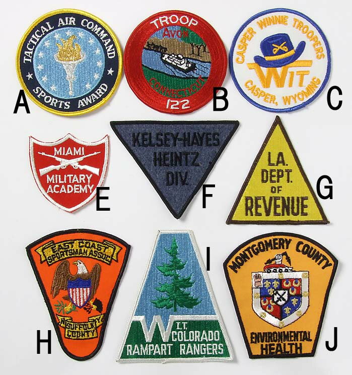 ミリタリーワッペン（新品） ju/mab ミリタリー関係ワッペン お勧めワッペン E．マイアミ、ミリタリーアカデミー F．グレーや黒のジャケット、肩用ワッペン G．ブラウン、カーキ色ジャケット　肩用ワッペン I．コロラド州レインジャー J．...