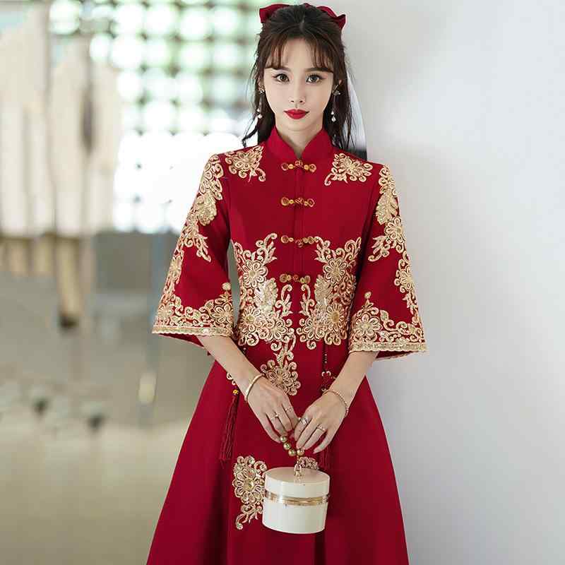 ・カテゴリ: 婚紗・礼服・カラー展開: ワインレッド（ミディアム丈）、ワインレッド（ロング丈）・サイズ展開: S、M、L、XL、2XL、3XL、4XL、5XL、6XL、7XL、8XL・シルエット: Aライン・デザイン要素: ファスナー・スタ...
