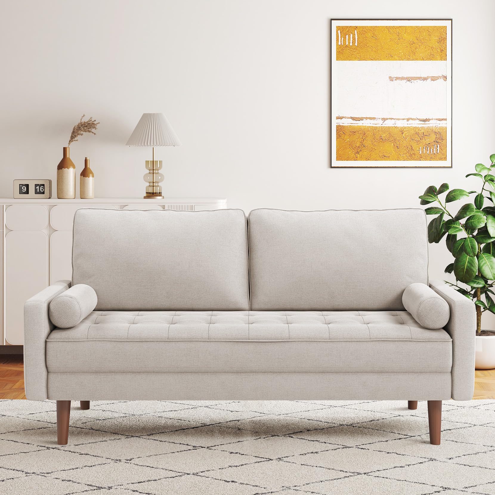 モダン・ベージュ 3人掛け J056M0B・・:ベージュ・??こだわりの生地丁寧に編まれたファブリックは、耐久性がポイント。キャンバス生地のような手触りで、どんな季節でも快適に使用可能。・??贅沢にくつろげるゆったり座面見た目はコンパクトな...