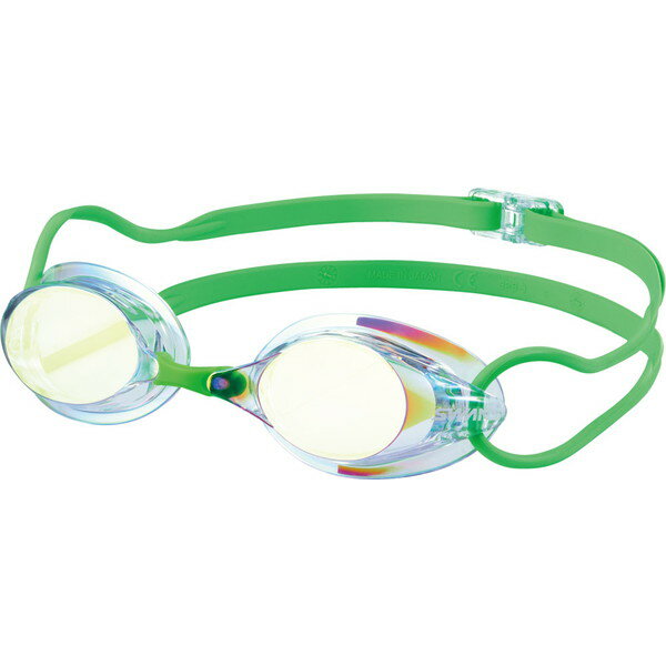 ノンクッションレーシングスイムゴーグルミラーレンズ。レンズに施された波状形状により流水抵抗が軽減◯ゴーグル・サングラス素材：アイカップ／ポリカーボネート、ベルトアジャスター／ポリカーボネート、鼻ベルト／エラストマー、ベルト／エチレンプロピレ...