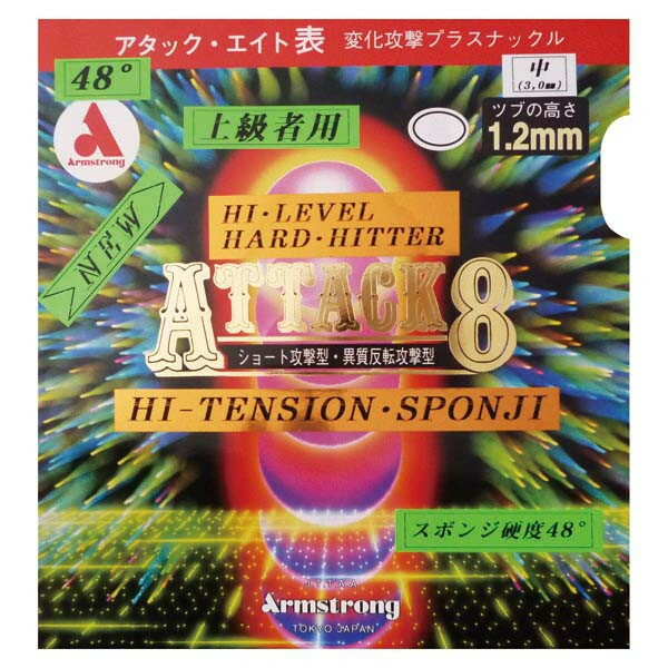 このラバーは世界を代表する選手が使用できるように特別に編成されたラバーです。変化系表ソフト・アタック 8 にハイテンションスポンジを搭載。アタック 8 の独特の癖球はそのままに、硬いテンションスポンジが攻撃＋ナックルボールに威力を発揮。打て...