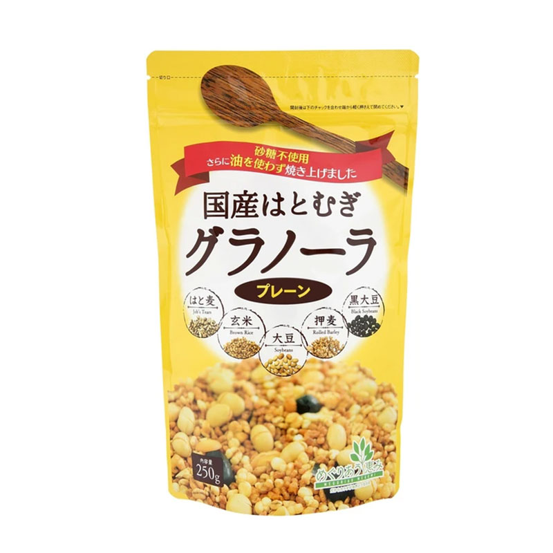 砂糖も油も使わない。国産雑穀だけで焼き上げた、からだ想いのはとむぎグラノーラ 国産 はとむぎ グラノーラ 無添加 砂糖不使用 油不使用の雑穀グラノーラです。 はとむぎ・玄米・大豆・押麦・黒大豆の国産雑穀100％を使用し、素材本来の香ばしさと...