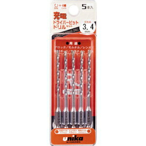 商品名 ユニカ 充電インパクトドライバービット RJタイプ　5本セット3.4mm　【DP5-RJ34】 特　徴 ・シャンクから刃先まで一体形状の為、刃先のぶれやびびりが無く、適確な穿孔が可能。 ・回転、インパクトのどちらも使用可能。各種充電...