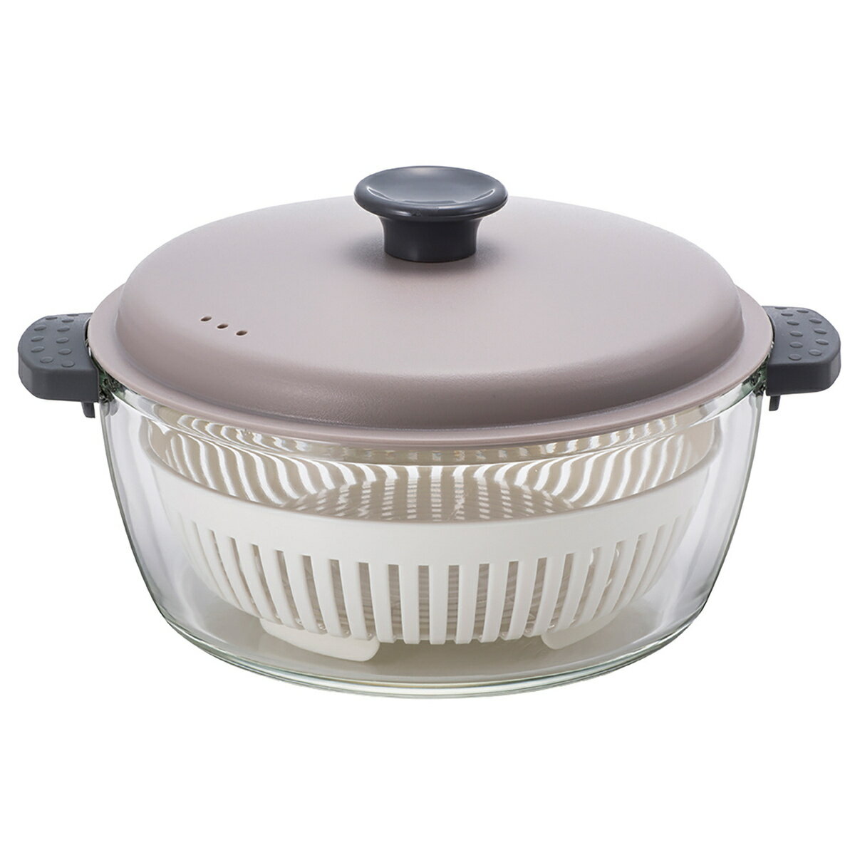仕様 容量:2.0L 対応:電子レンジ、オーブン 本体耐熱温度差:耐熱ガラス120℃ 材質:本体(耐熱ガラス)、フタ・ザル(ポリプロピレン)、シリコーンカバー(シリコーンゴム) 色:グレー 製品サイズ(mm) 幅×奥行×高さ:251×202...