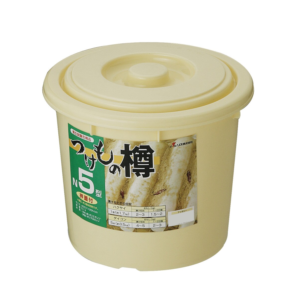 仕様 容量:5.1L カラー:アイボリー 材質:(本体,蓋)PE、(押し蓋)PP 押蓋付き 製品サイズ(mm) 幅×奥行×高さ:237×237×200 製品重量(g) 379 商品説明 家庭用から業務用まで、漬物を漬けるのにオススメの漬物樽...