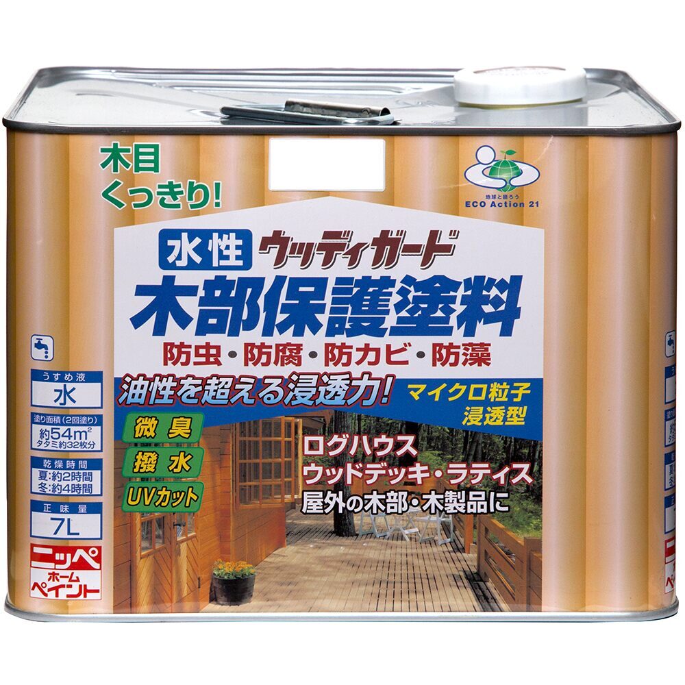仕様 容量:7L 塗り面積(2回塗り):約54平方メートル(タタミ約32枚分) 乾燥時間:夏(30℃)/約2時間、冬(10℃)/約4時間 塗り重ね可能時間:夏/約2時間以上、冬/約4時間以上 色:けやき 性質:水性 使用環境:屋外 塗料の種...