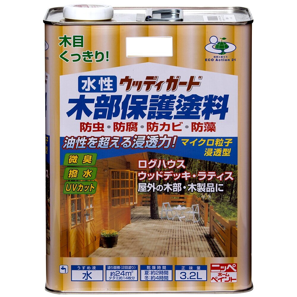 仕様 容量:3.2L 塗り面積(2回塗り):約24平方メートル(タタミ約14枚分) 乾燥時間:夏(30℃)/約2時間、冬(10℃)/約4時間 塗り重ね可能時間:夏/約2時間以上、冬/約4時間以上 色:透明クリヤー 性質:水性 使用環境:屋外...