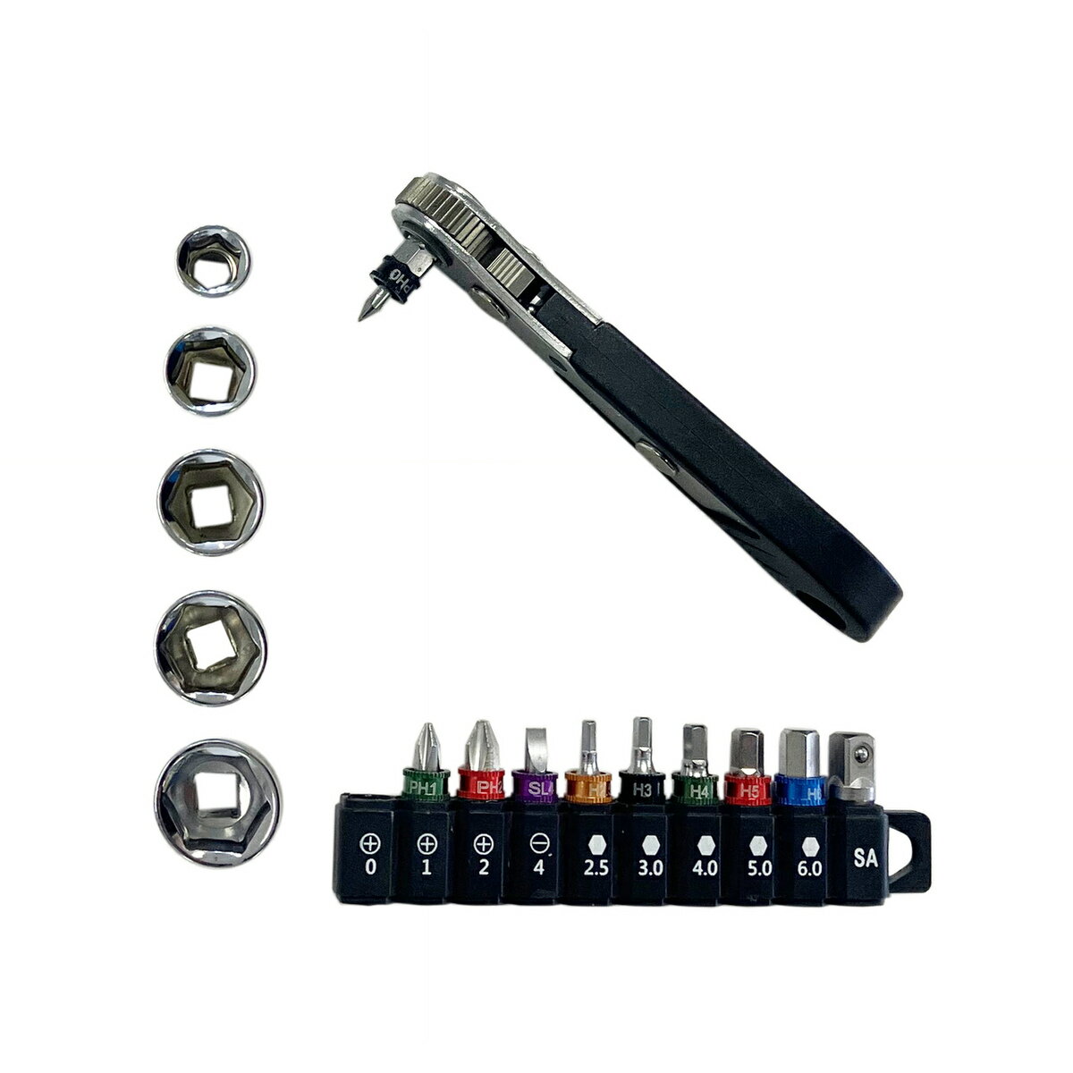 仕様 用途:ドライバーセット セット内容:カラーリング付きドライバービット、カラーリング付き六角ビット、ソケット、ソケットアダプター、オフセットラチェットハンドル ドライバービットサイズ:PH0/PH1/PH2/SL4 六角ビットサイズ:H...