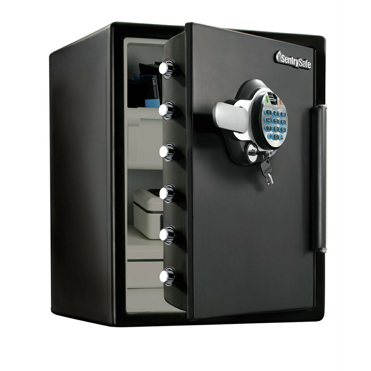 仕様 ロックタイプ:テンキー／指紋認証＋チューブラーキー 内寸:(約)幅365×奥行280×高さ498mm 容量:(約)56.6L 材質:耐火材(ピロノックス)、鋼板 付属品:鍵2本、ディープトレイ1個、取扱説明書・保証書、単4乾電池4本(...