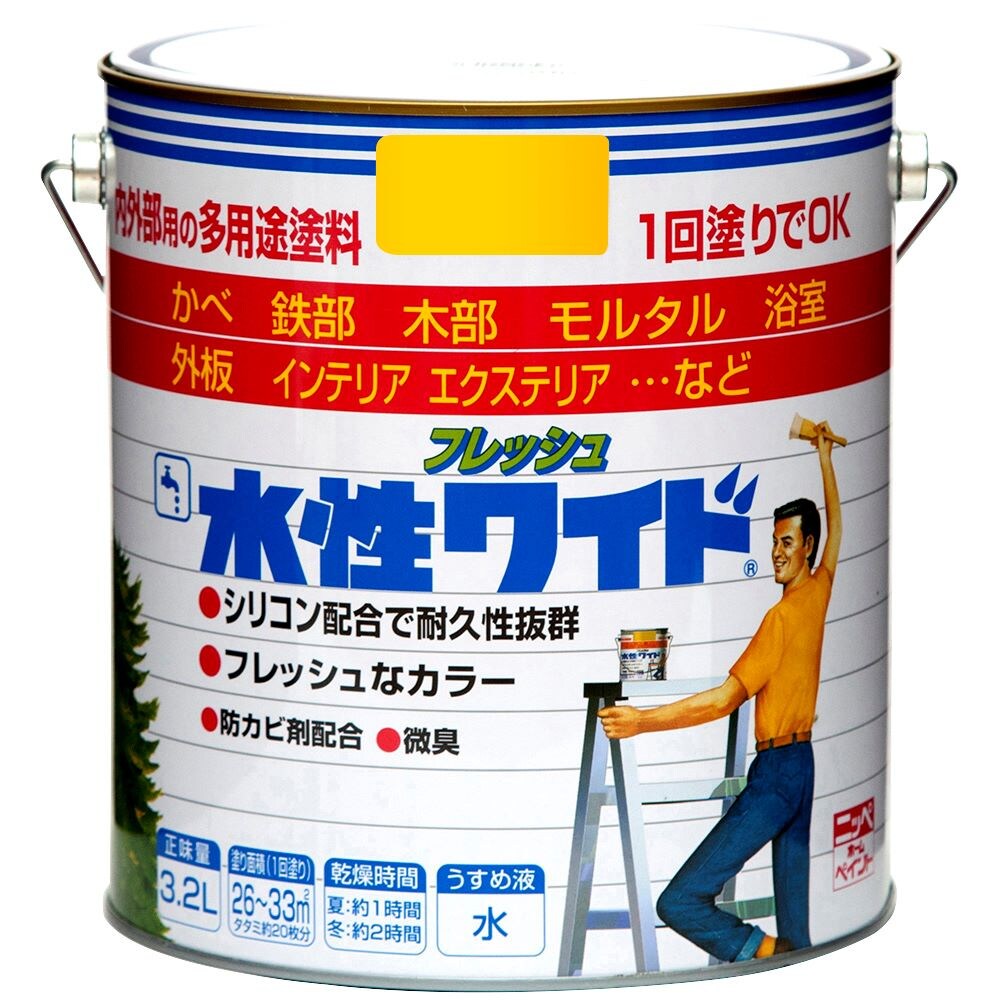 仕様 色:イエロー 容量:3.2L 成分:アクリル・シリコンエマルションペイント・優雅なつや(半つや) 乾燥時間:夏(30℃)約1時間/冬(10℃)約2時間 塗面積:26~33平方メートル(タタミ約40枚分) 製品サイズ(mm) 幅×奥行×...