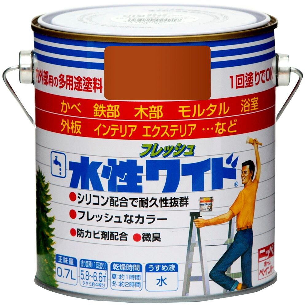 仕様 色:ライトカーキー 容量:0.7L 成分:アクリル・シリコンエマルションペイント・優雅なつや(半つや) 乾燥時間:夏(30℃)約1時間/冬(10℃)約2時間 塗面積:5.8~6.6平方メートル(タタミ約4枚分) 製品サイズ(mm) 幅...