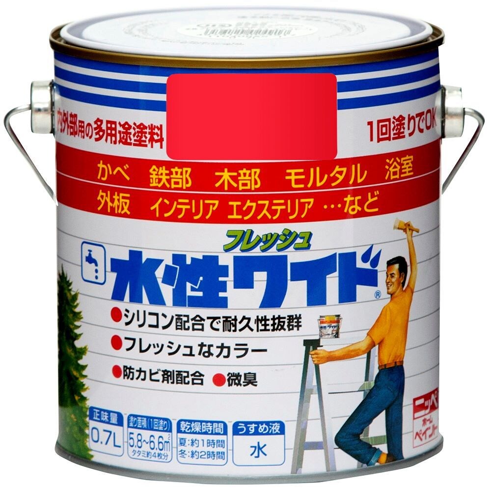 仕様 色:レッド 容量:0.7L 成分:アクリル・シリコンエマルションペイント・優雅なつや(半つや) 乾燥時間:夏(30℃)約1時間/冬(10℃)約2時間 塗面積:5.8~6.6平方メートル(タタミ約4枚分) 製品サイズ(mm) 幅×奥行×...